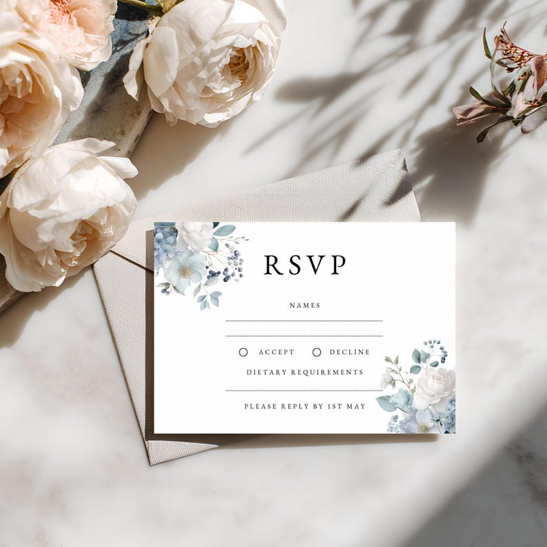 Dusty Blue Floral Wedding Invitation Set Template | Editable Canva ...