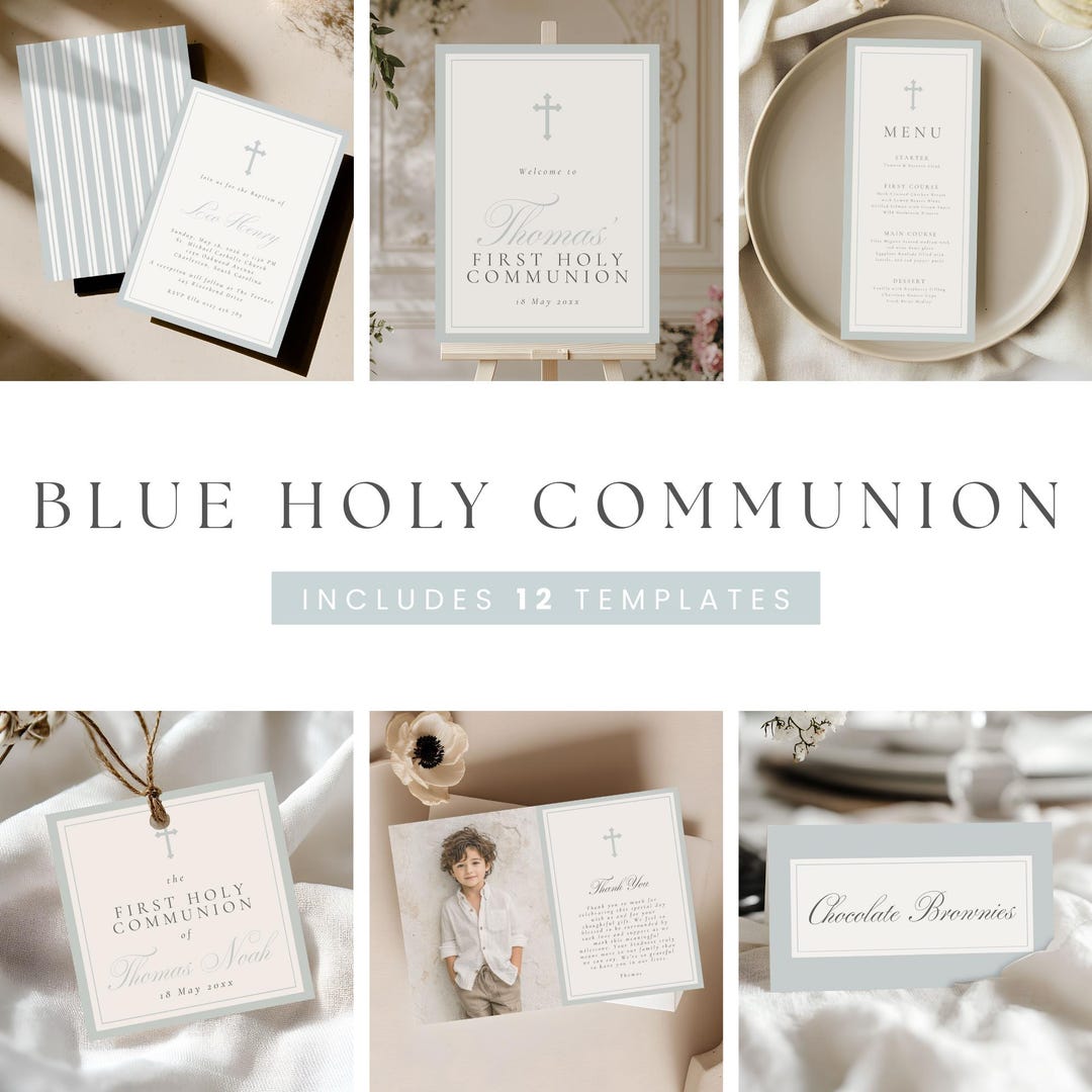 First Holy Communion Bundle for Boys, Blue Editable Invitation ...