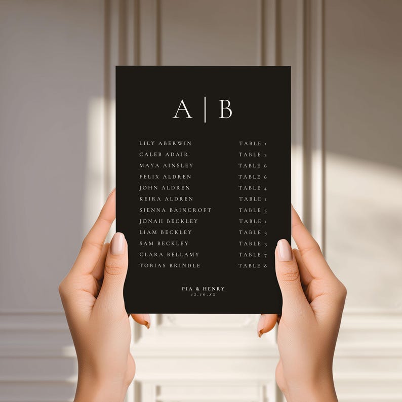 Black Alphabetical Seating Chart Template, Modern Wedding Seating Plan ...