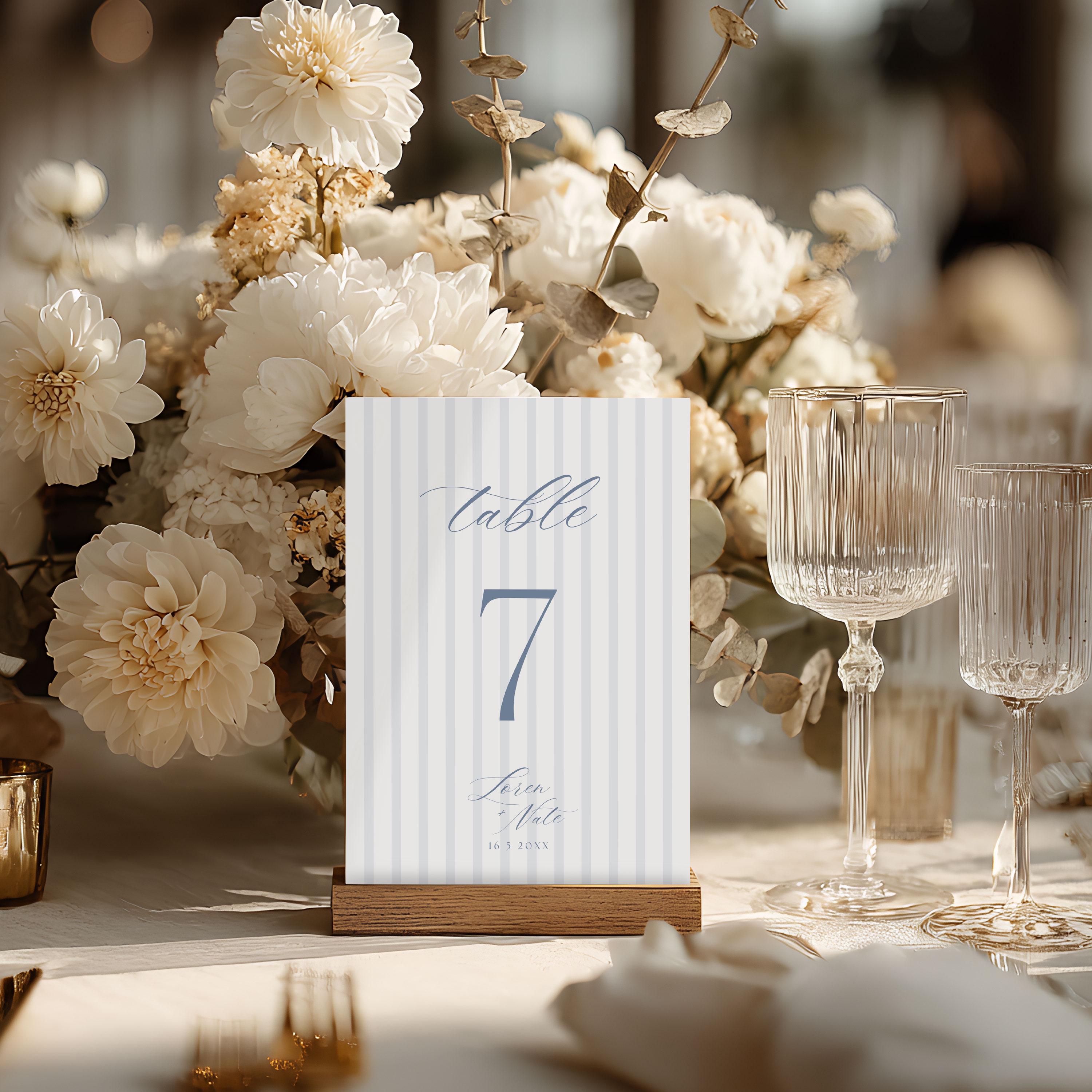 Blue Striped Table Number Template, Editable Printable Wedding Table ...