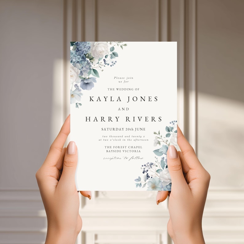 Dusty Blue Floral Wedding Invitation Set Template | Editable Canva ...