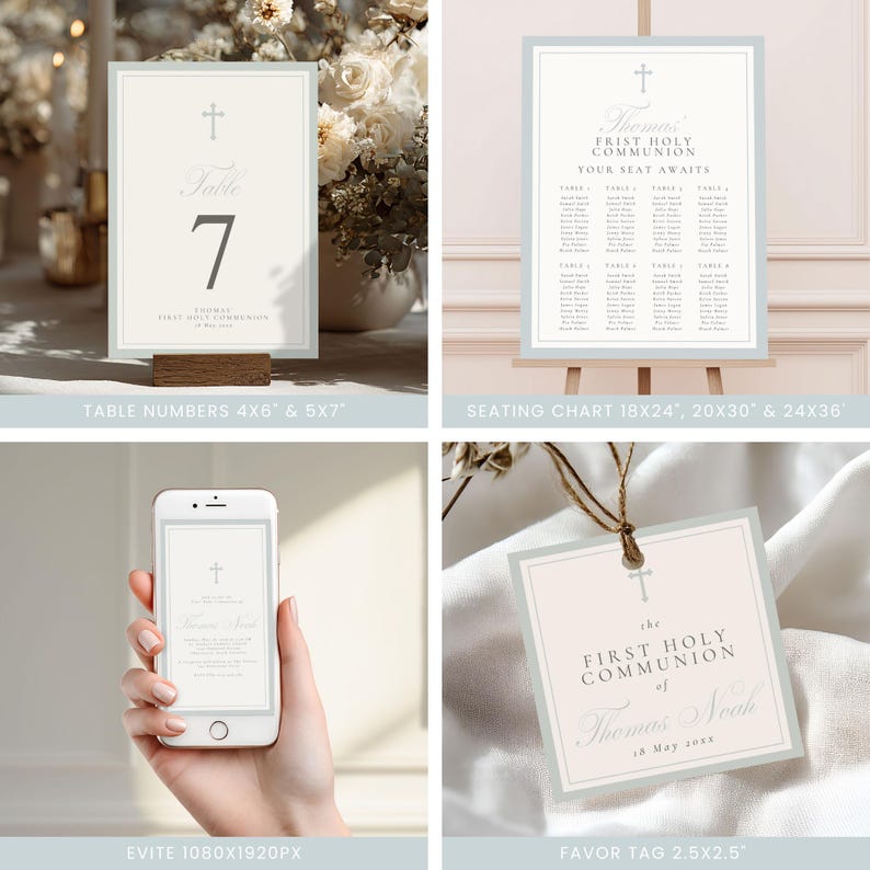 First Holy Communion Bundle for Boys, Blue Editable Invitation ...