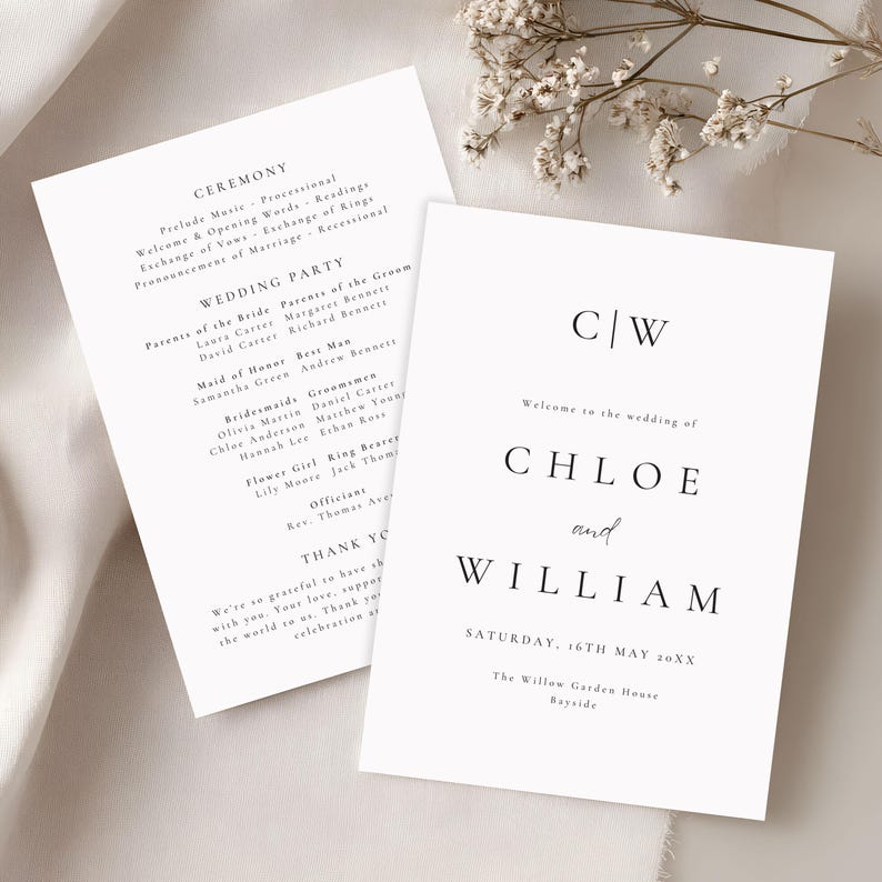 Elegant Wedding Program Template, Customizable Formal Ceremony Program ...
