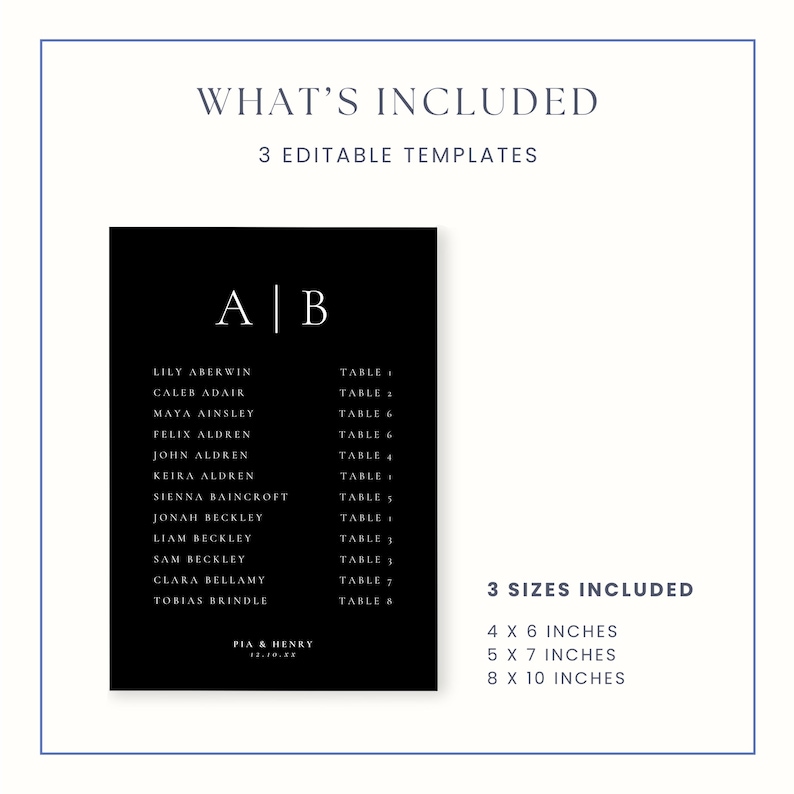 Black Alphabetical Seating Chart Template, Modern Wedding Seating Plan ...