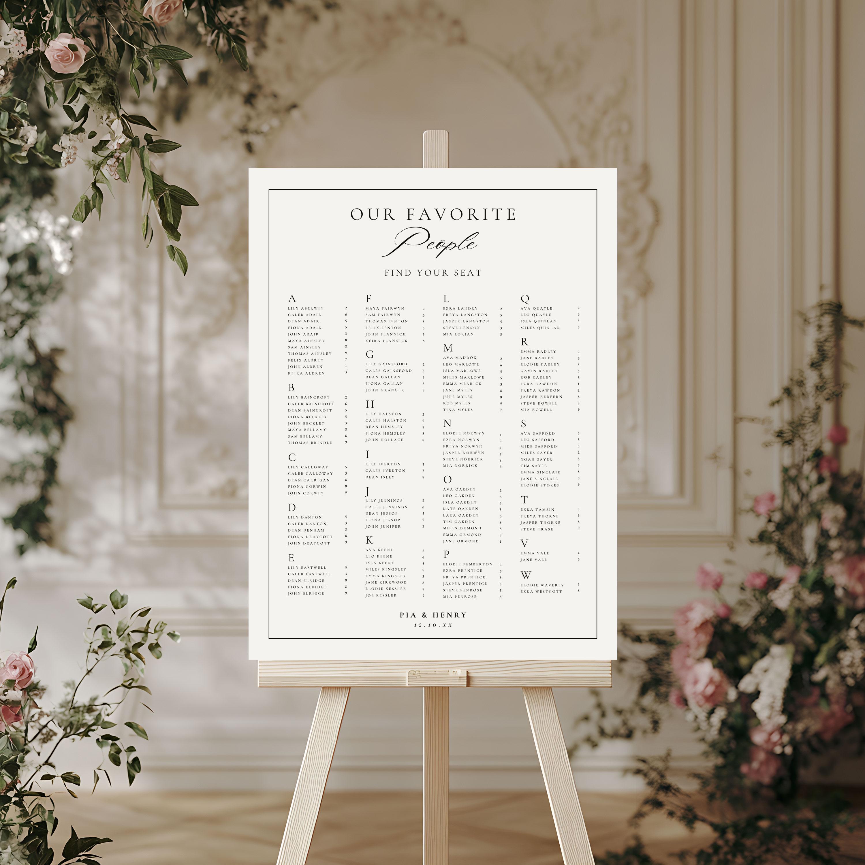 Seating Chart Alphabetical Order Template, Editable Wedding Seating ...
