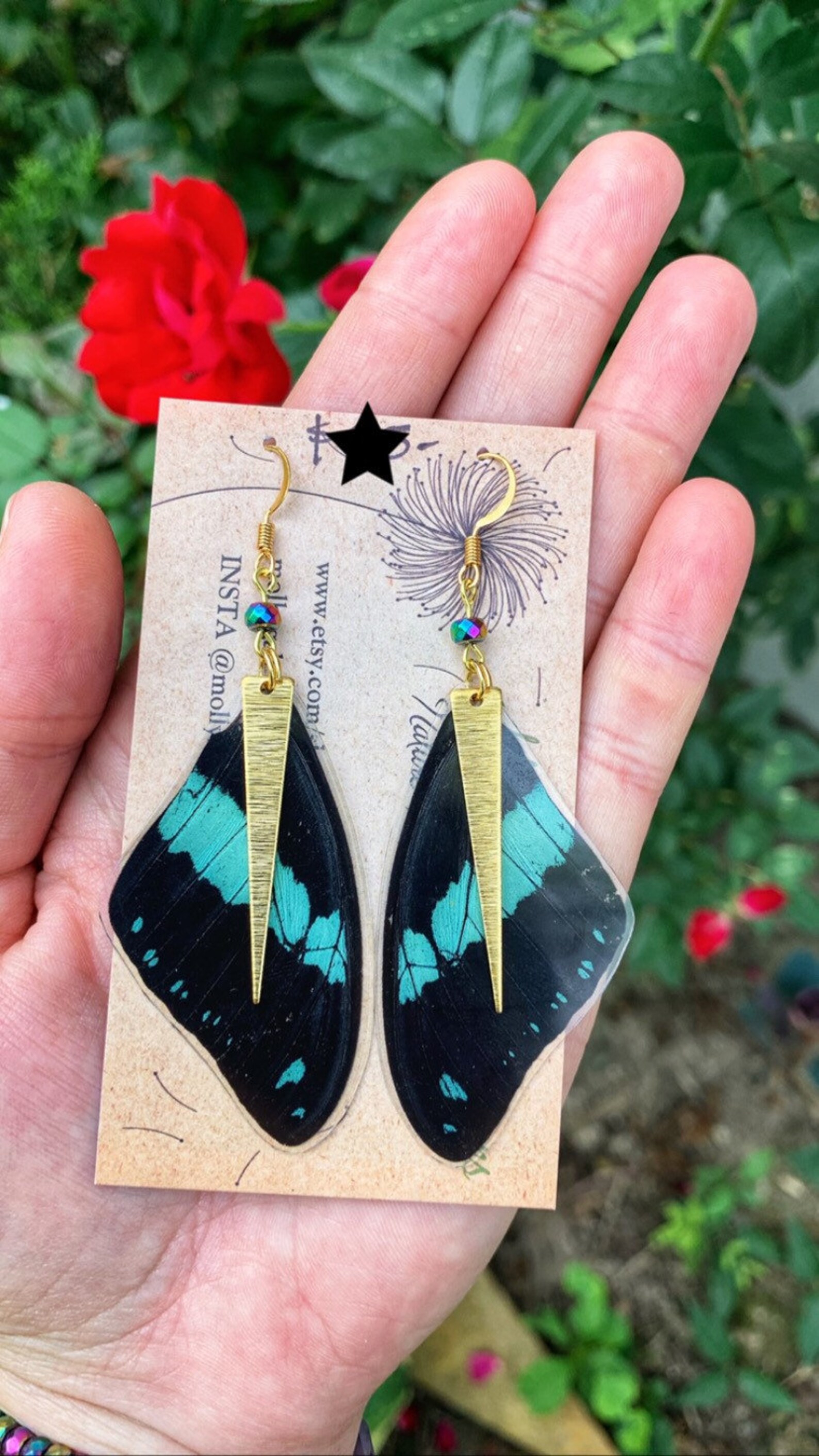 Real Butterfly Wing Earrings, Turquoise, Papilio Bromius, Gold Crescent ...
