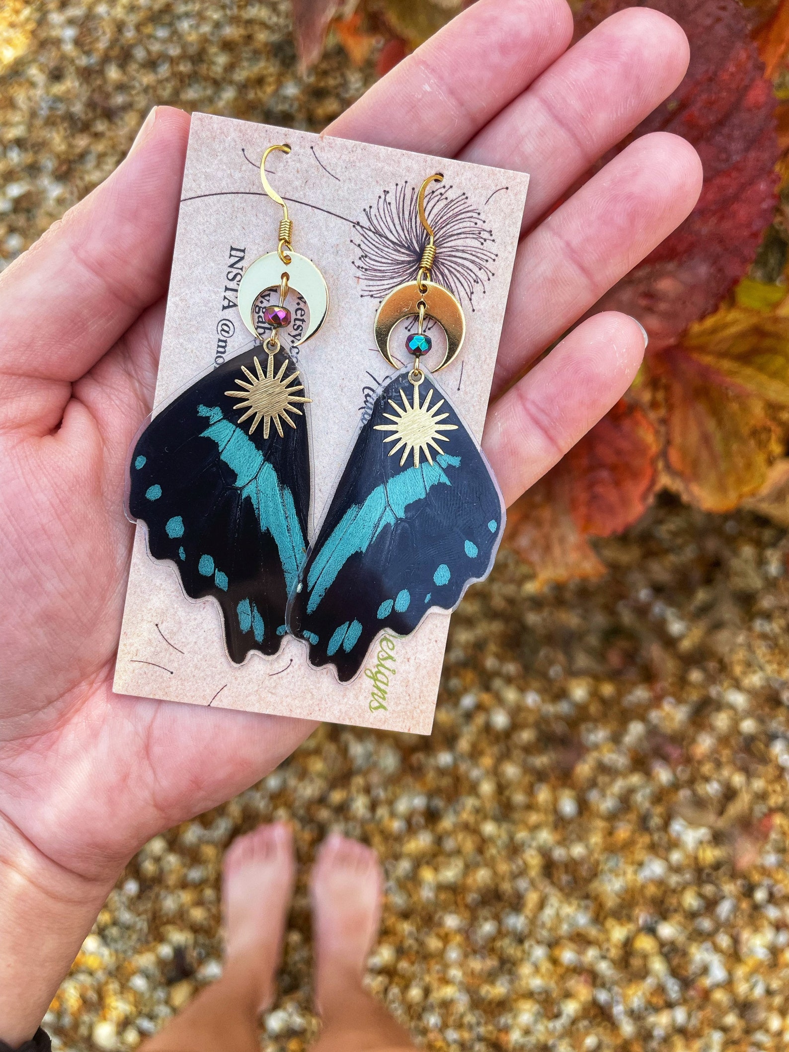 Real Butterfly Wing Earrings, Turquoise, Papilio Bromius, Gold Crescent ...