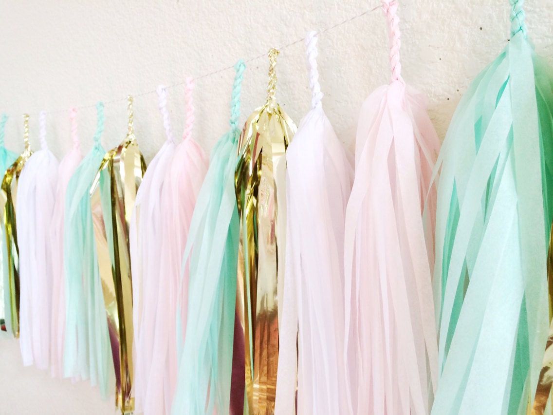 Pink Mint White Banner Pink and Mint Tissue Paper Tassel | Etsy