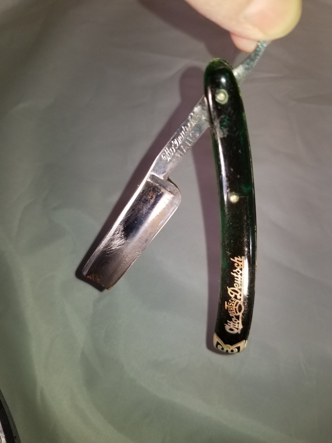 Vintage C. 1910's Straight Razor Green Glass Handle Silver Art Nouveau ...