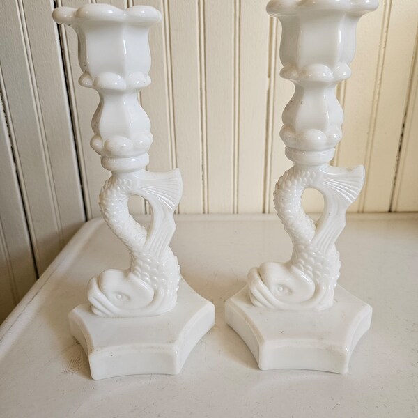Milk Glass Dolphin Candlesticks - Etsy
