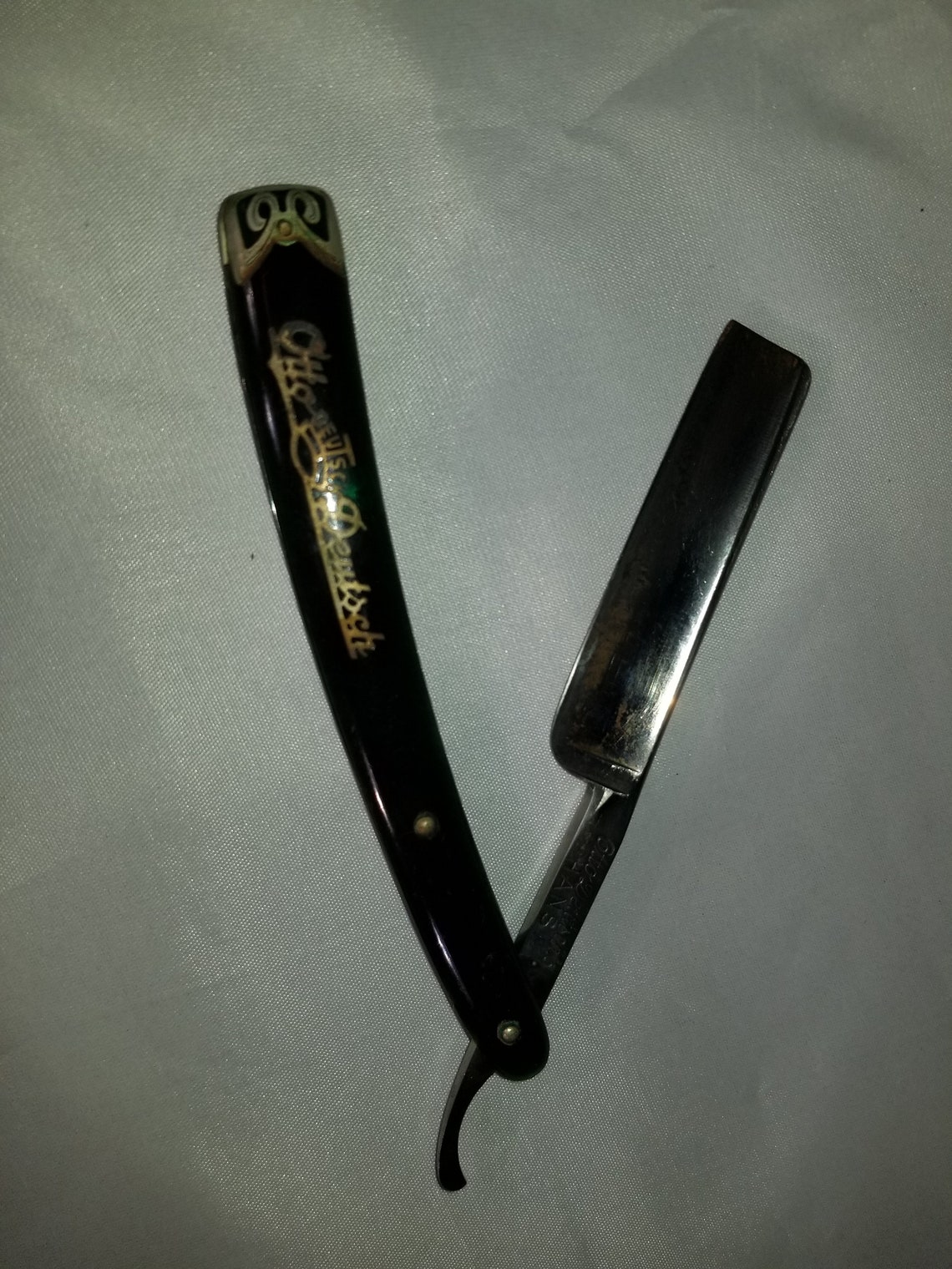 Vintage c. 1910's Straight Razor Green Glass Handle Silver | Etsy