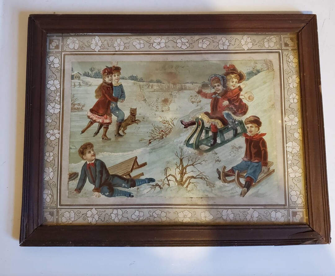 Victorian Children Winter Print Framed Sledding Skating - Etsy