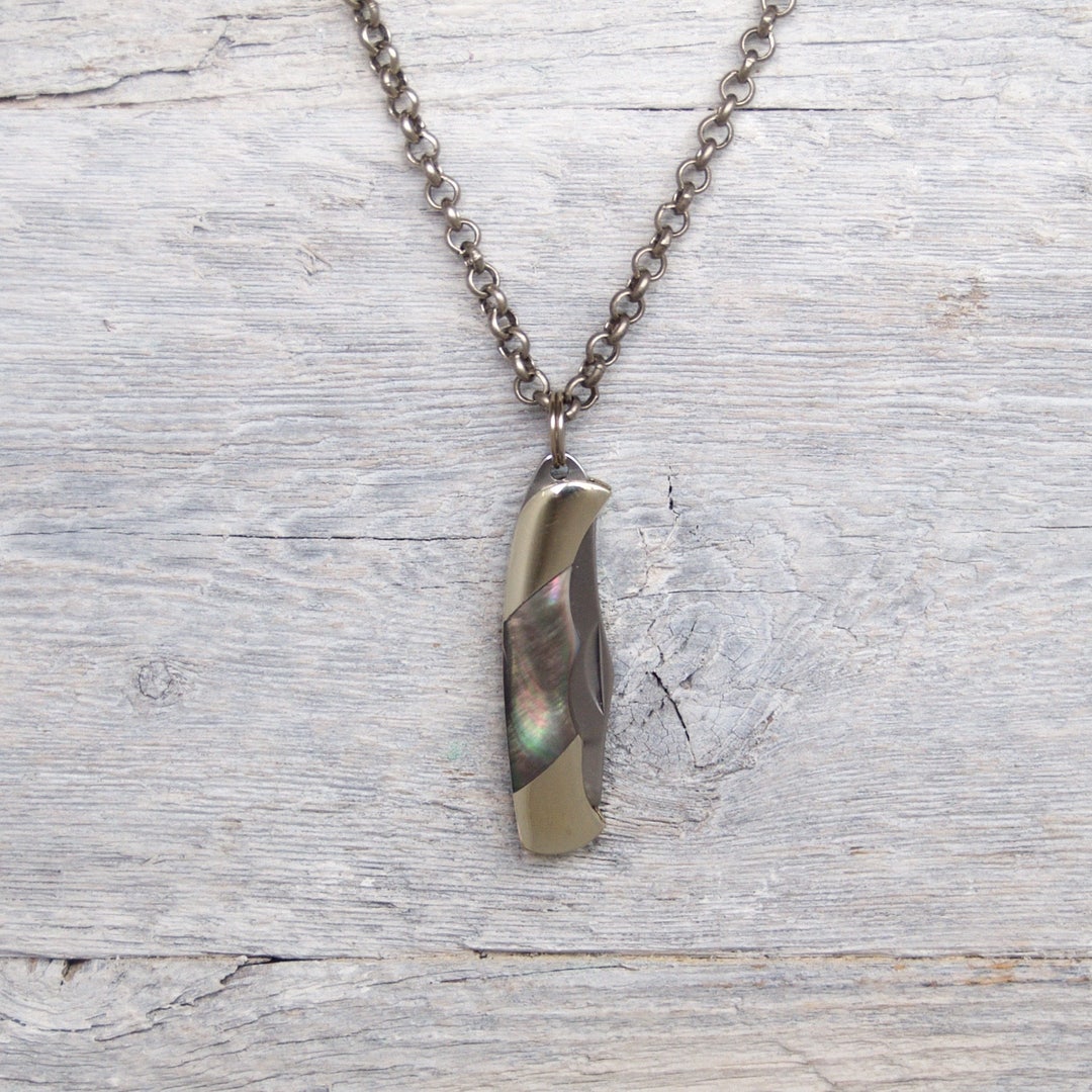 Miniature Pocket Knife Necklace » Black Pearl » Antiqued Silver Chain ...