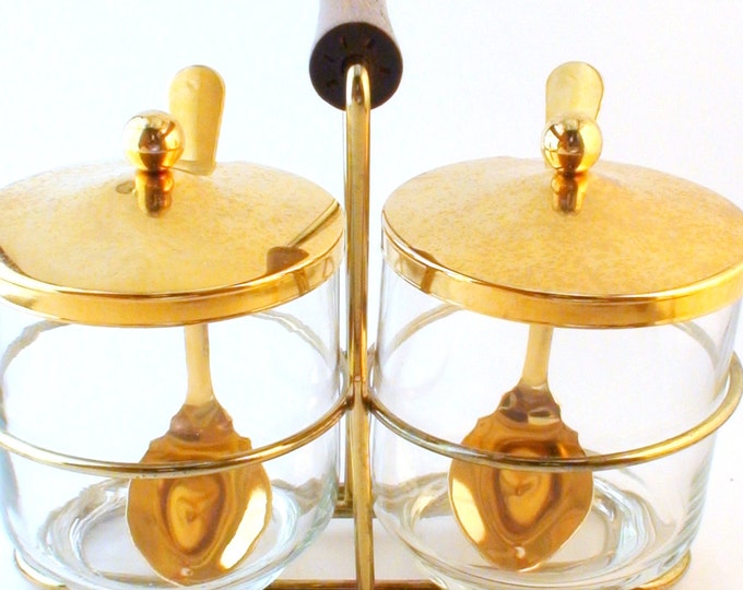 Gold Condiment Caddy Server Set With Spoons Vintage Glass - Etsy