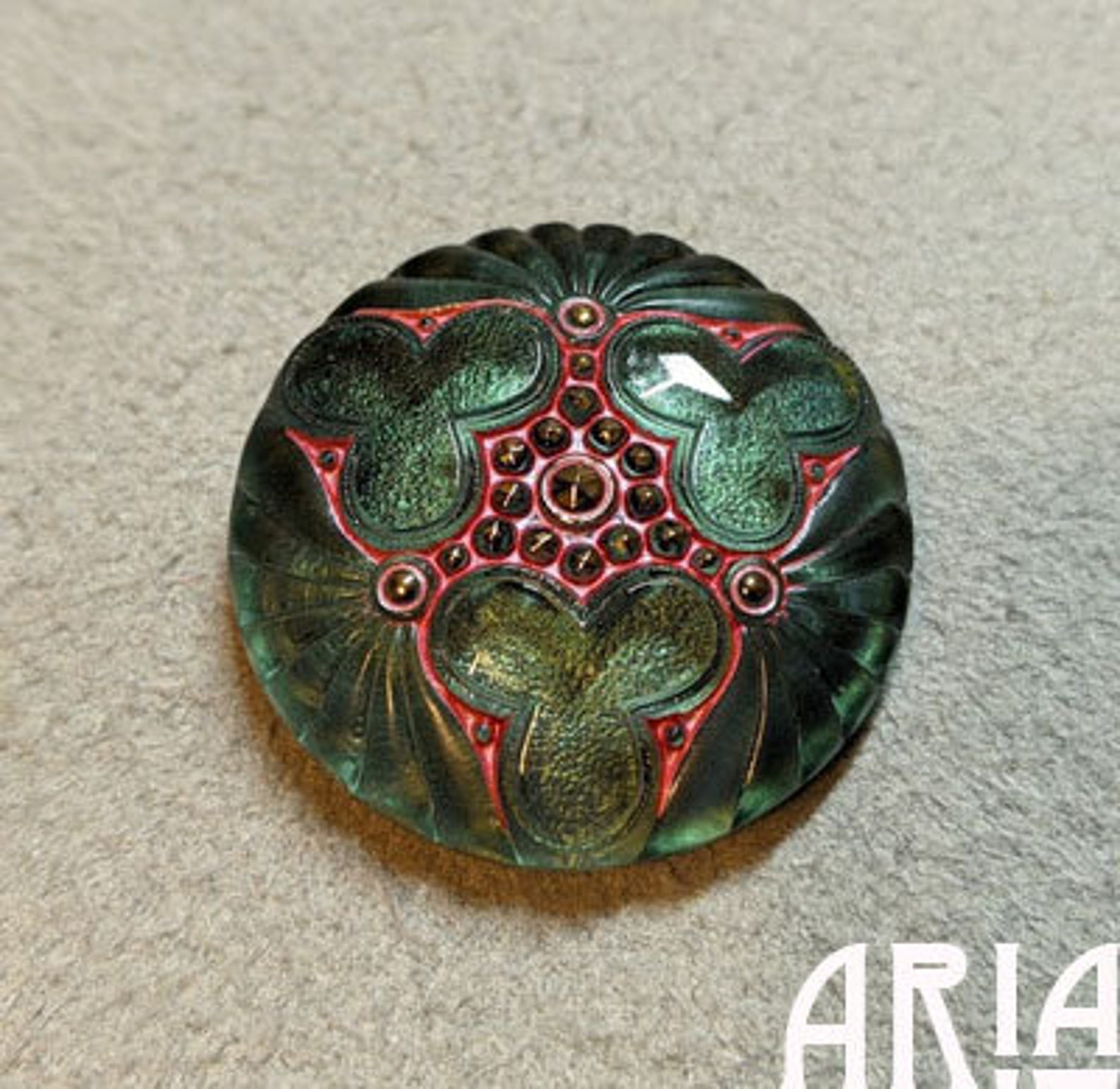 CZECH GLASS BUTTON: 36mm Handpainted Trefoil Medallion Czech Glass ...