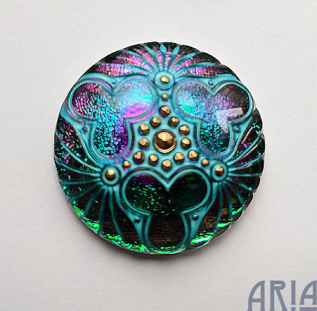 CZECH GLASS BUTTON: 36mm Handpainted Trefoil Medallion Czech - Etsy