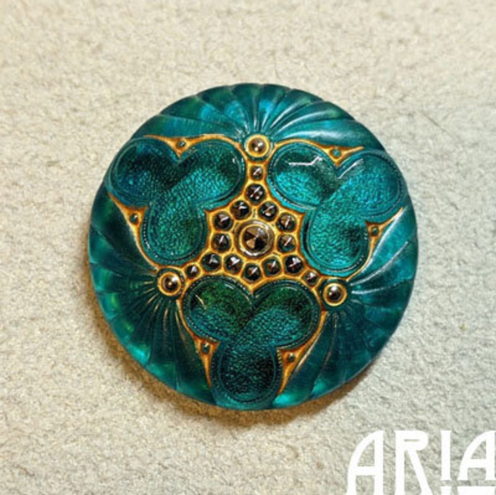 CZECH GLASS BUTTON: 36mm Handpainted Trefoil Medallion Czech Glass ...