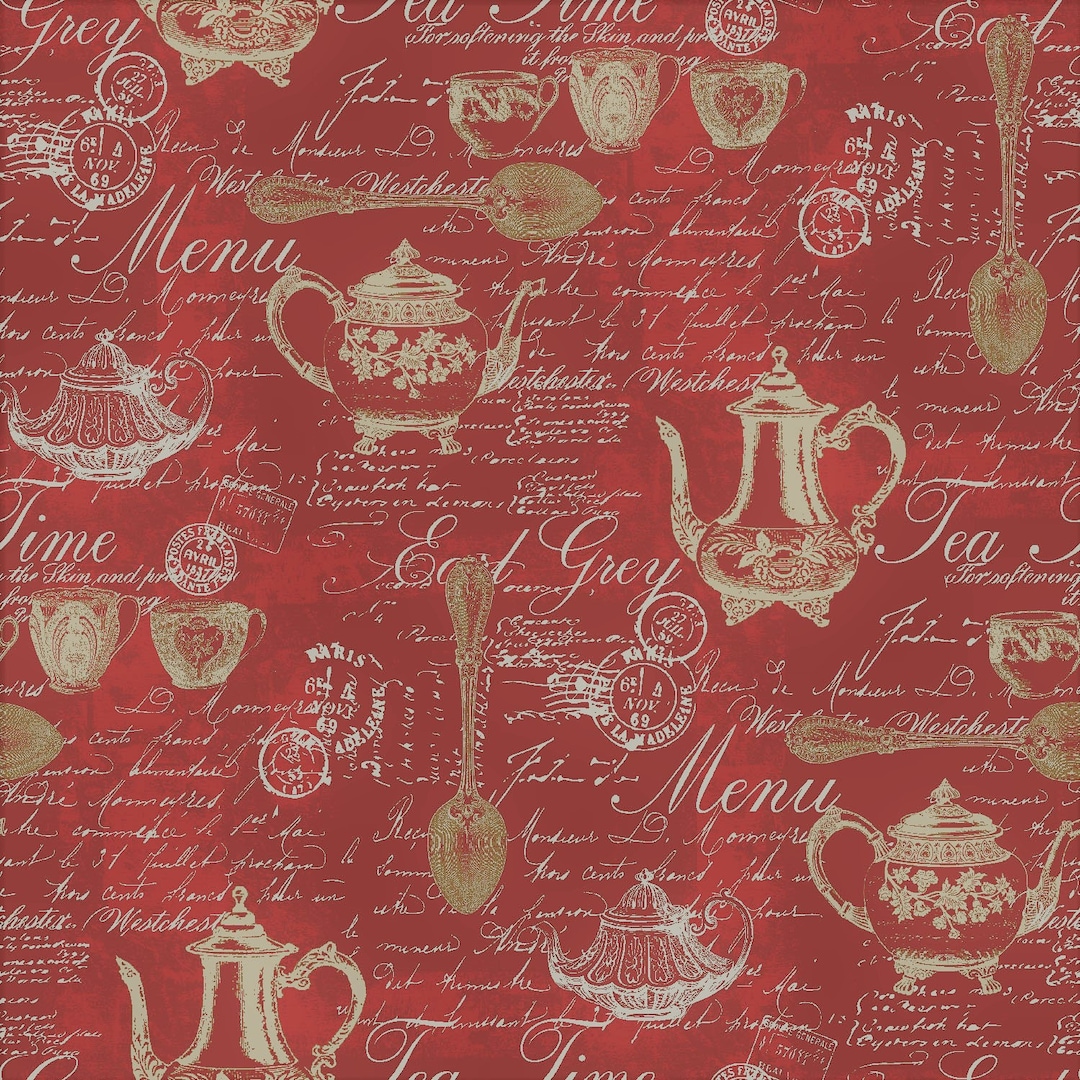 French Script, Upholstery Fabric, Drapery Fabric, Teatime, Teapot ...