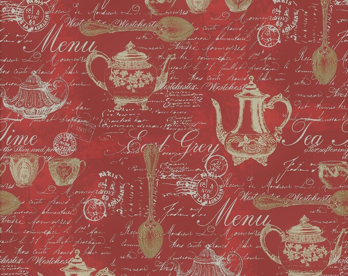 French Script, Upholstery Fabric, Drapery Fabric, Teatime, Teapot ...