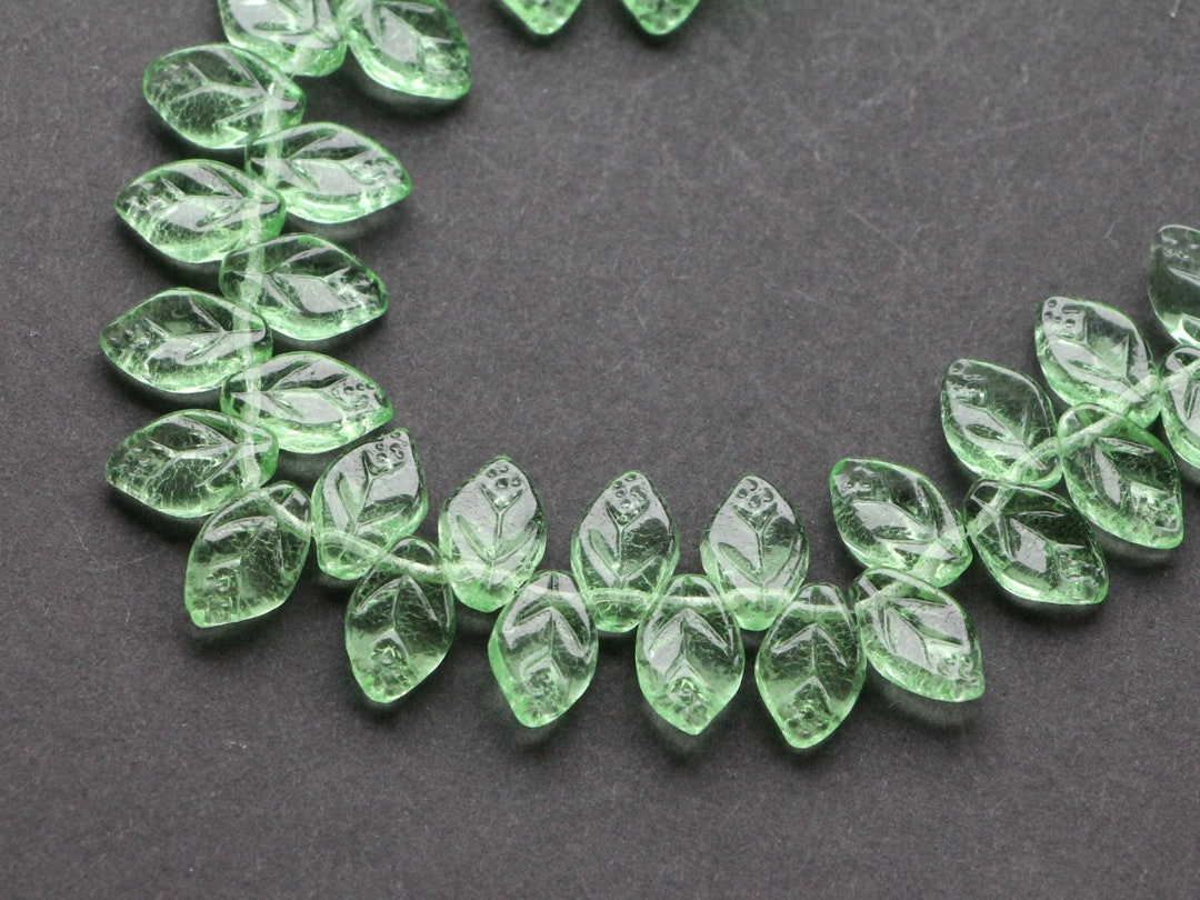 Green Leaves Beads 12x7mm Czech Glass Leaves Leaf Floral Beads Peridot ...