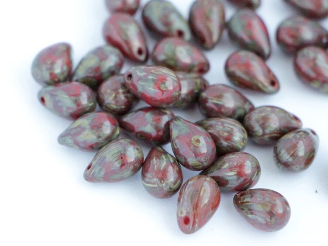 25pcs Antique Red Czech Glass Drop Beads 9x6mm Teardrops Dark Red ...