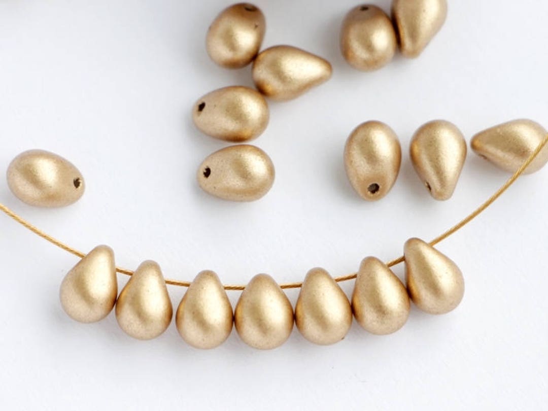 Matte Gold Glass Drops 5x7mm (25pcs) Czech Glass Beads Golden Frosted ...