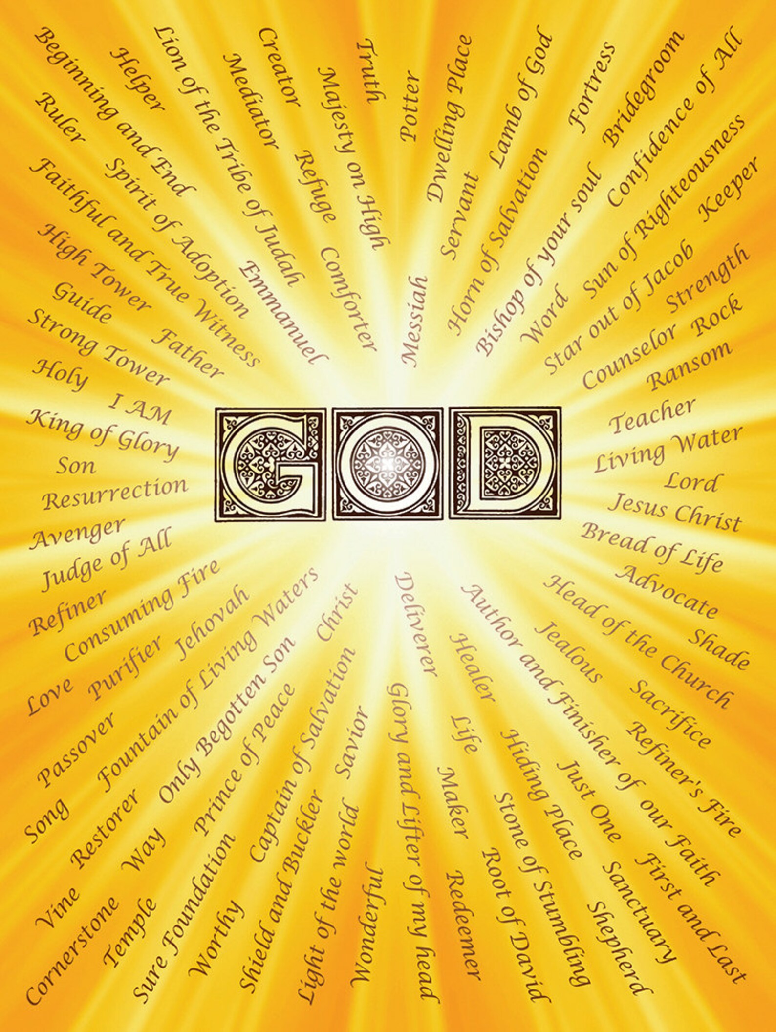 Names of God Poster With Stunning Sunburst Design - 91 Names - 18" X 24 ...