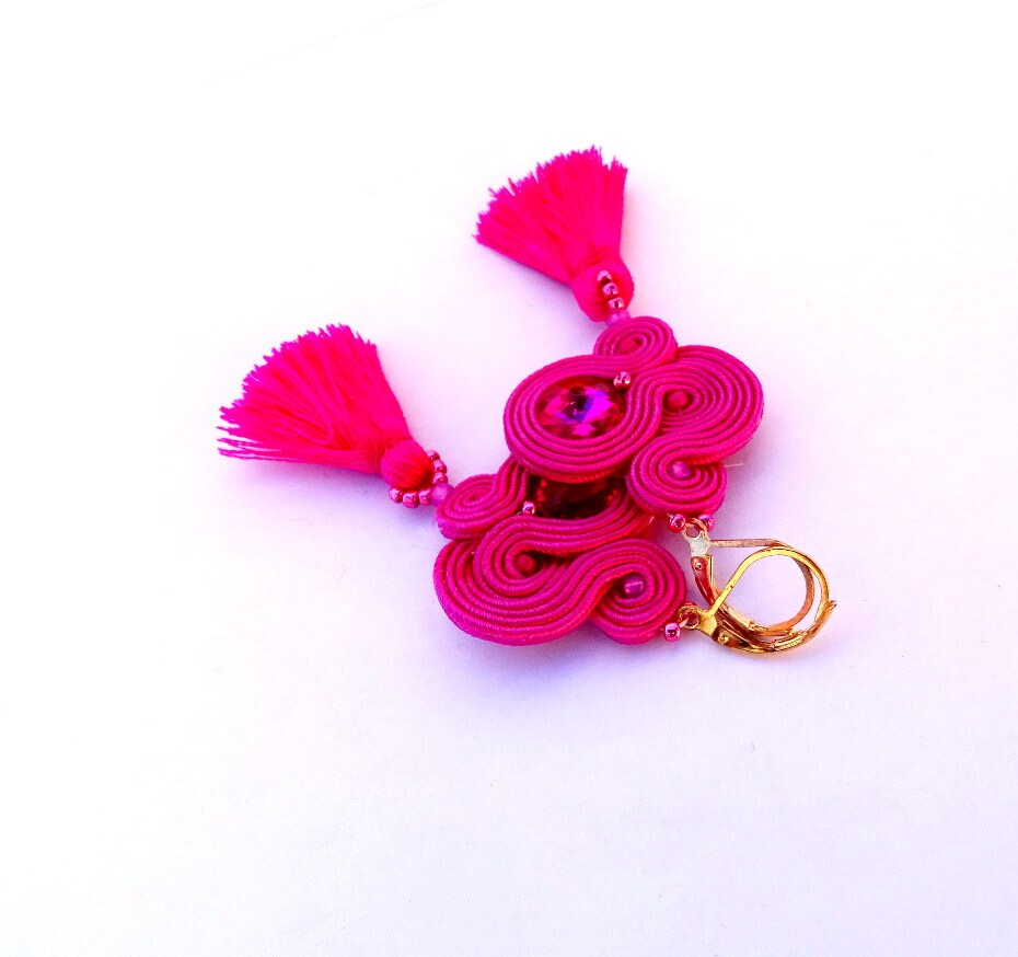 Hot Pink Soutache Earrings With Tassels | Etsy