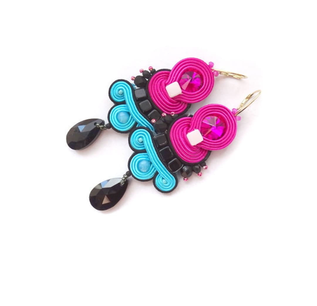 Cool Dangle Earrings, Soutache Earrings, Black Drop Earrings, Fuchsia ...