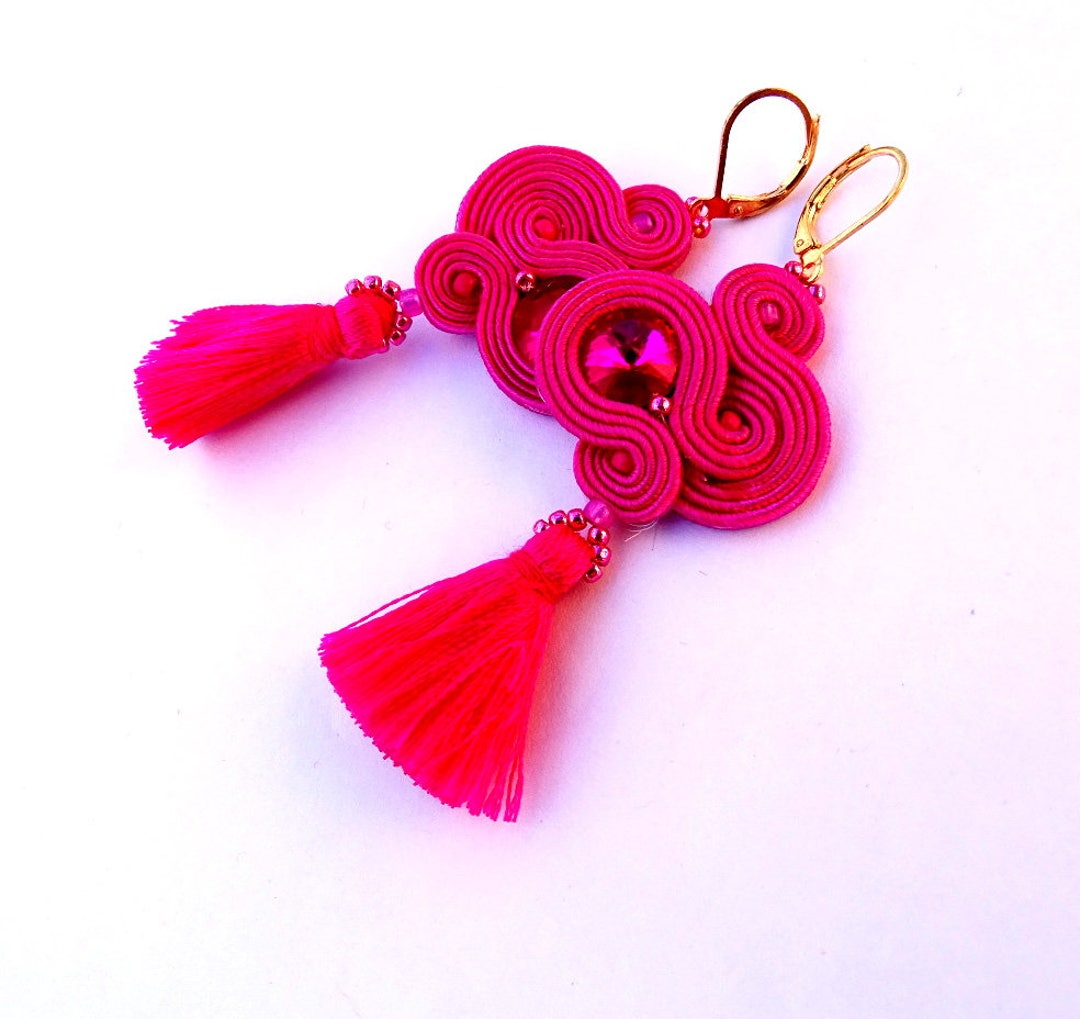 Hot Pink Soutache Earrings With Tassels - Etsy