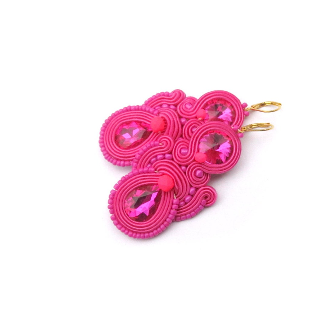 Pink Dangle Earrings, Soutache Earrings With Crystals, Handmade Fuchsia ...