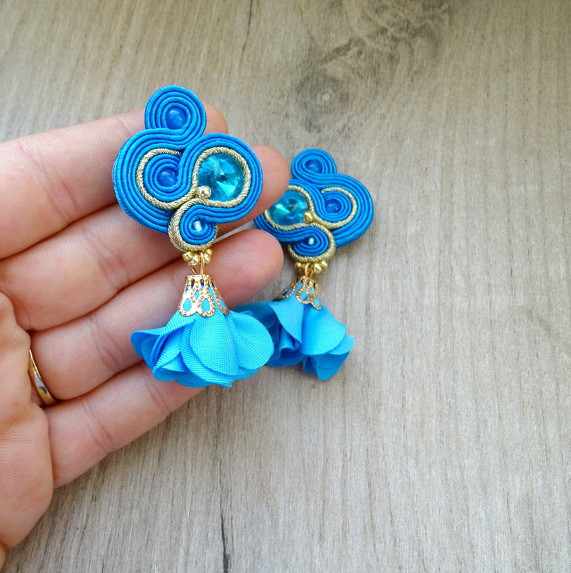 Royal Blue Stud Earrings Soutache Earrings With Flowers Blue - Etsy