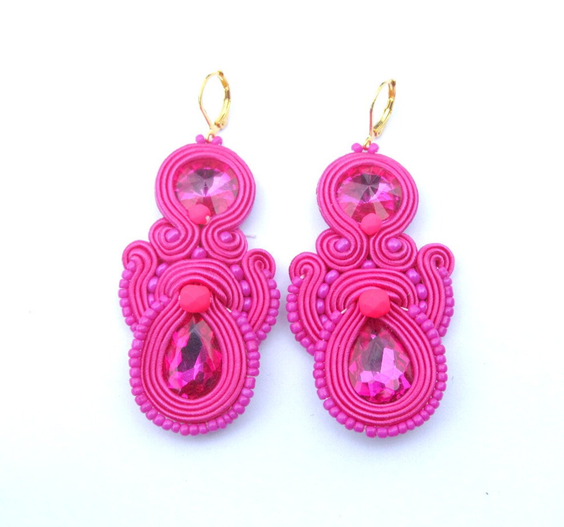 Pink Dangle Earrings Soutache Earrings with Crystals | Etsy