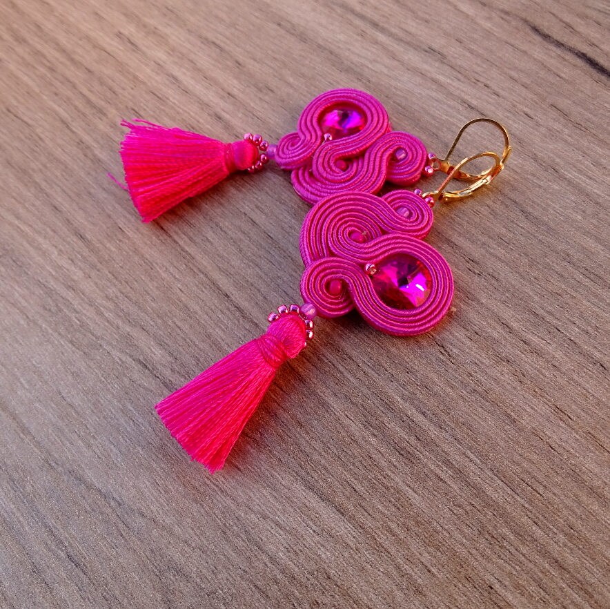 Hot Pink Soutache Earrings With Tassels | Etsy