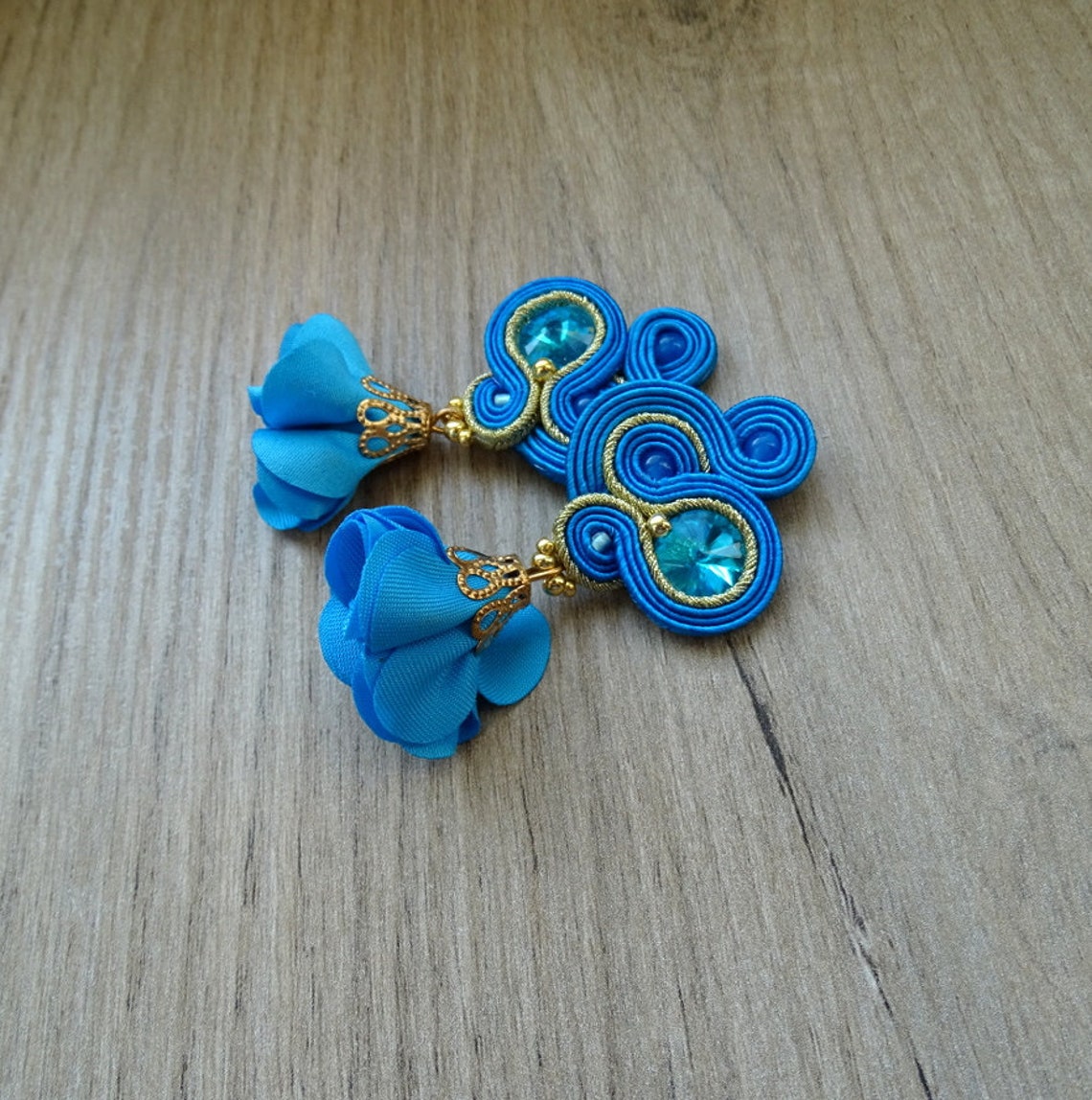 Royal Blue Stud Earrings Soutache Earrings With Flowers Blue - Etsy