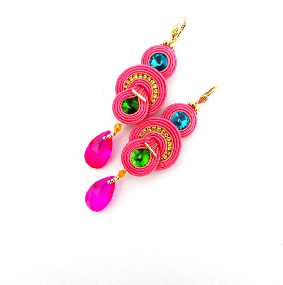 Hot Pink Dangle Drop Earrings ,soutache Earrings ,colorful Statement ...