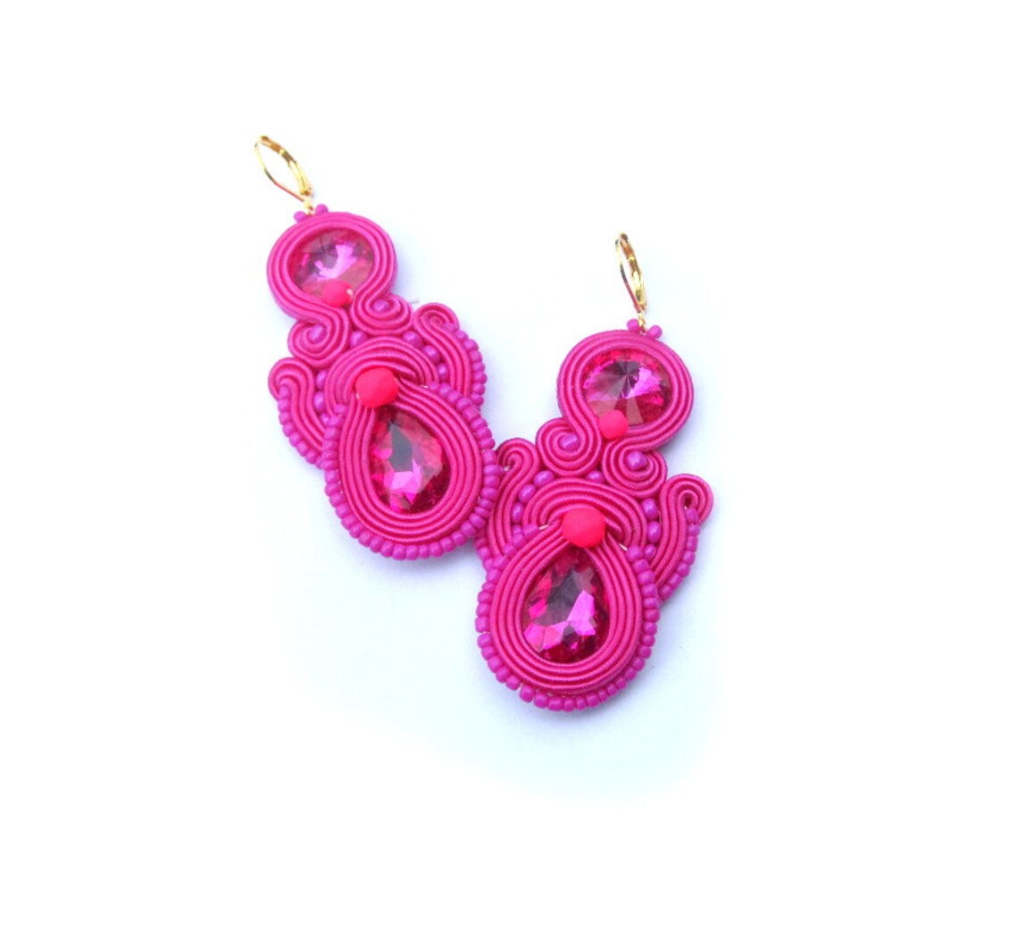 Pink Dangle Earrings Soutache Earrings with Crystals | Etsy