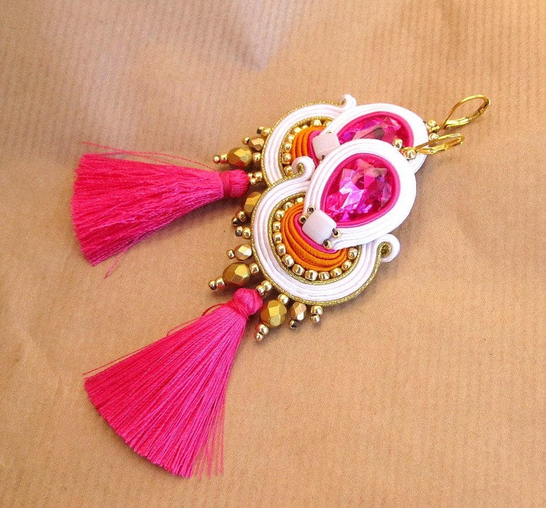 Fuchsia Pink Tassel Earrings Soutache Earrings With Crystals | Etsy