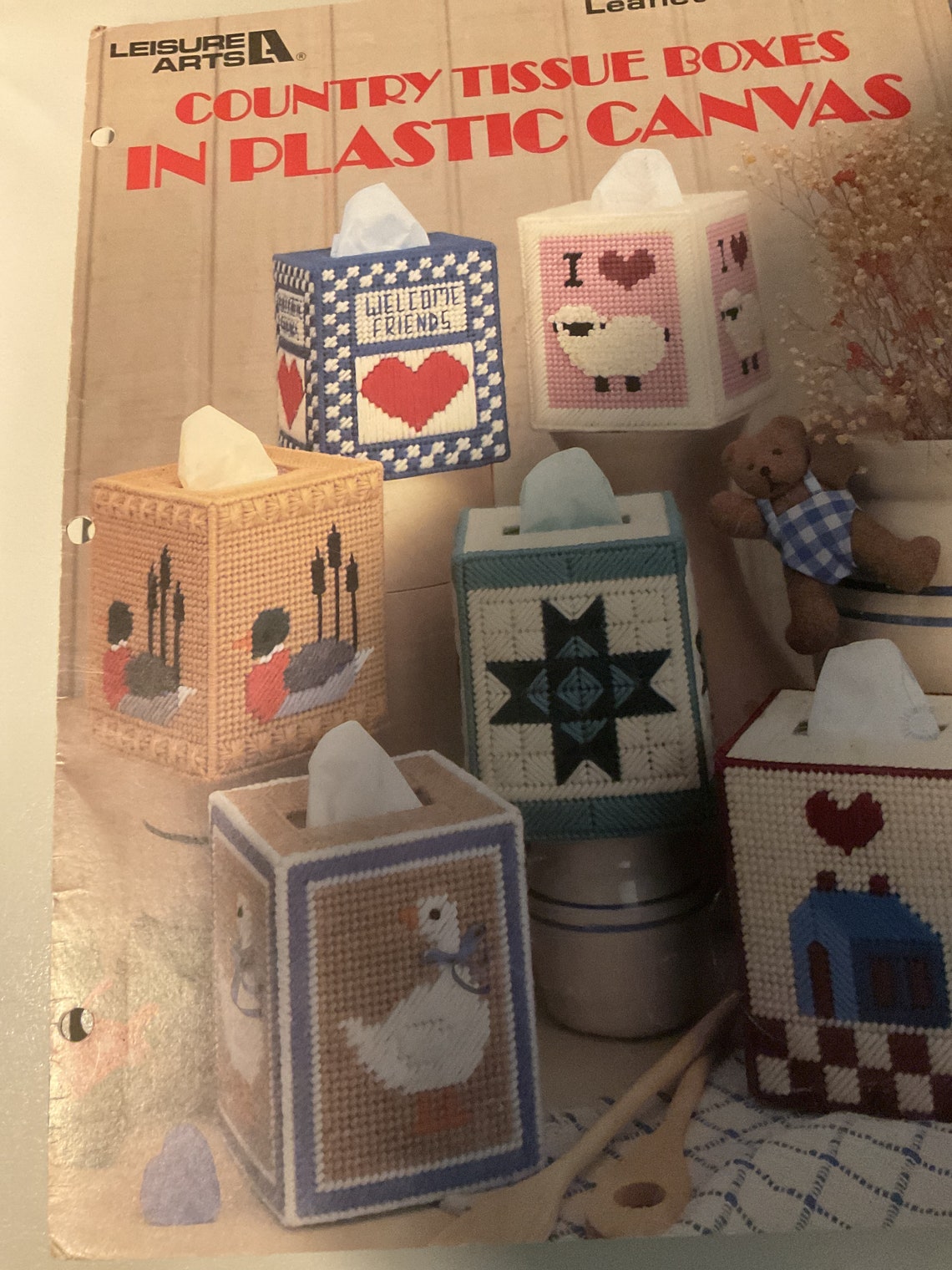 Vintage 1986 PLASTIC CANVAS BOOKLET Leisure Arts Tissue Boxes. Country ...