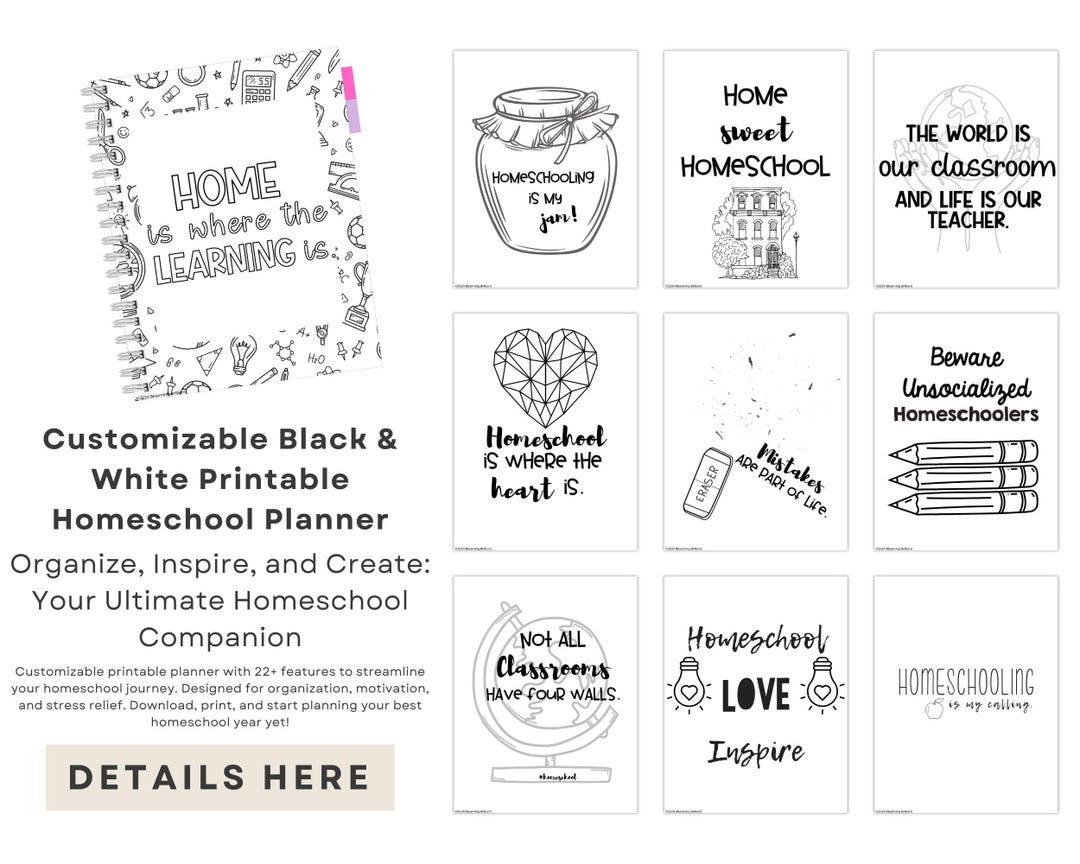 Customizable Black & White Printable Homeschool Planner (DIGITAL FILE ...
