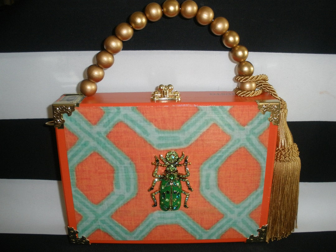 Green Beetle Cigar Box Purse, Orange Velvet Lined, Cross Body Option ...