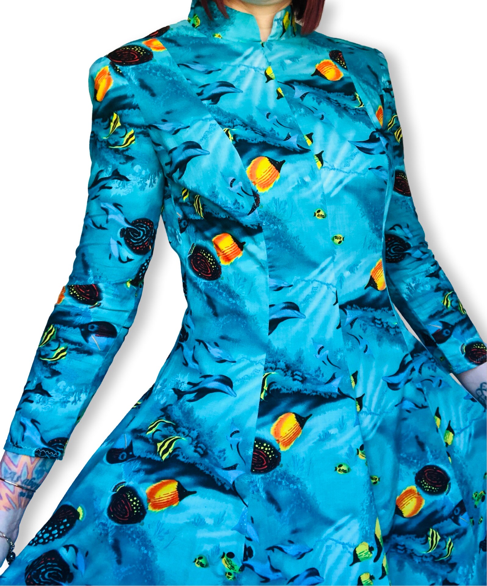 Vintage 90s Under the Sea Fish Novelty Print Cotton Fit N Flare Dress ...