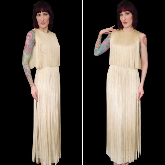 Vintage 1960's Ivory White Fringe Gown w/ EXTRA LONG … - Gem