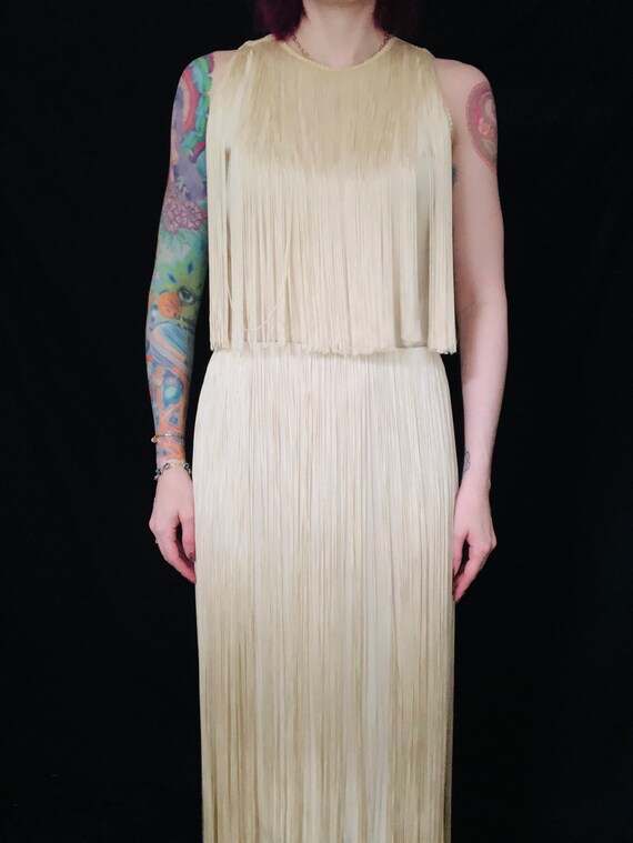 Vintage 1960's Ivory White Fringe Gown w/ EXTRA LONG … - Gem