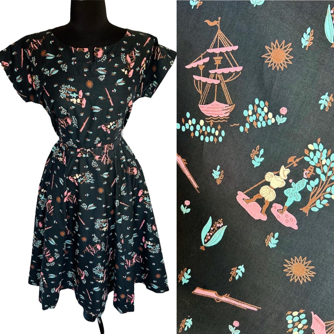 VOLUP Vintage 1950's Pirate Ship & Colonial People Novelty Print Cotton ...
