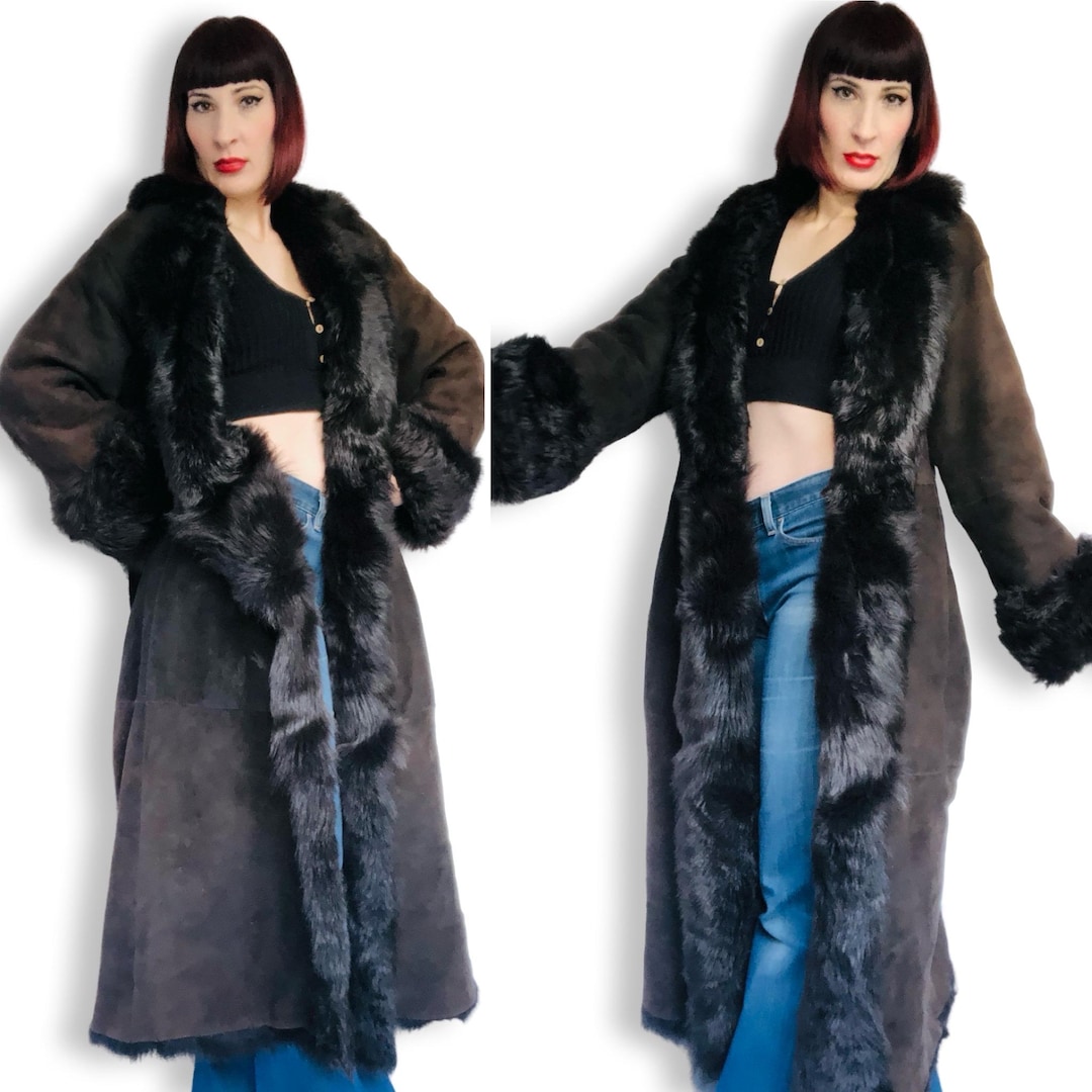 Vintage 90s Chocolate Brown Suede Leather and Shaggy Sheepskin ...