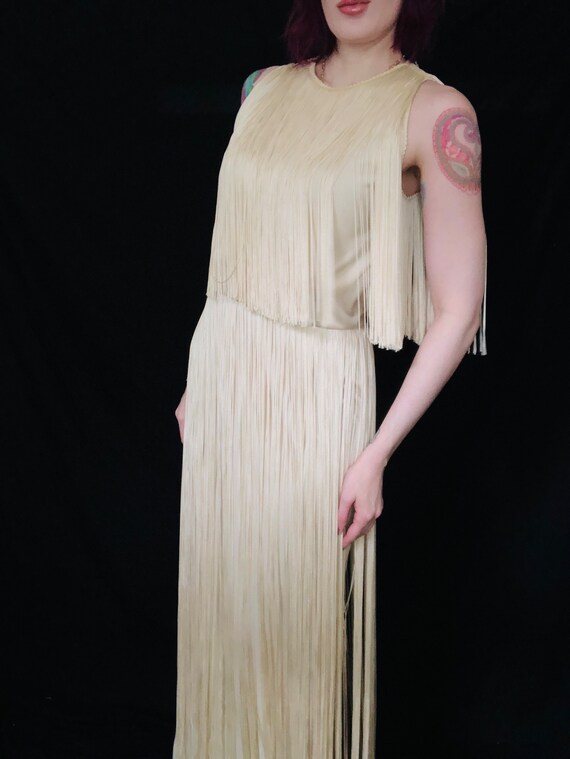 Vintage 1960's Ivory White Fringe Gown w/ EXTRA LONG … - Gem