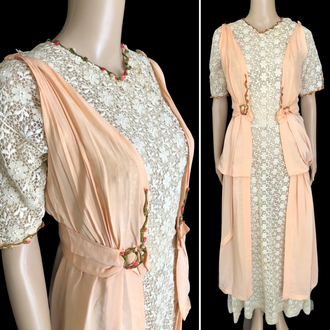 Exquisite Antique 1900s Edwardian Draped Light Pink Silk & Ivory Irish ...