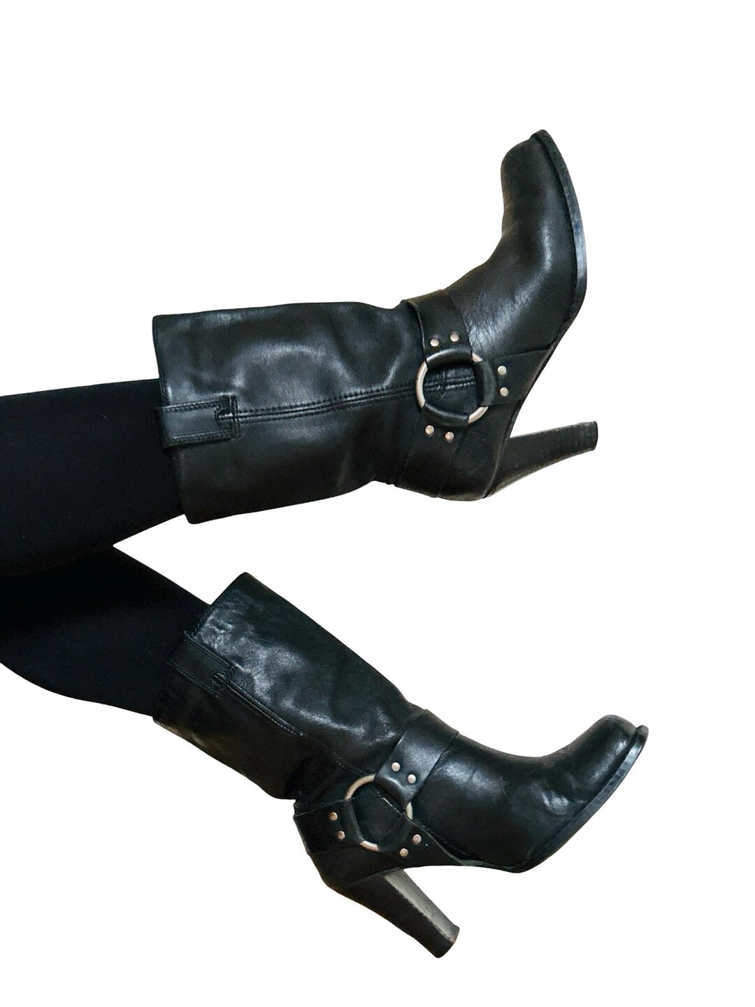 Vintage Y2K HARLEY DAVIDSON Black Leather Motorcycle High Heel Square ...