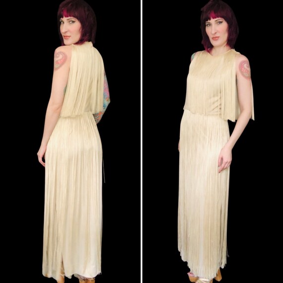 Vintage 1960's Ivory White Fringe Gown w/ EXTRA LONG … - Gem